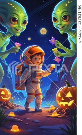 Cute astronaut child receives Halloween candy...のイラスト素材 [127631460] - PIXTA