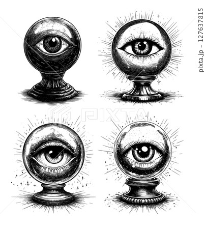 Mystical crystal ball with eye inside engraving...のイラスト素材 [127637815 ...