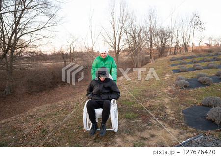 Two friends enjoying an adventurous moment in a...の写真素材 [127676420] - PIXTA