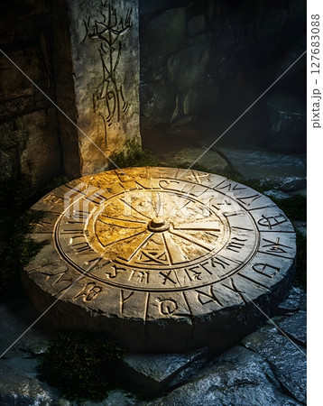 An_ancient_magical_sundial_carved_in_stoneのイラスト素材 [127683088] - PIXTA