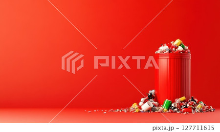 Bright red trash can overflowing with waste...のイラスト素材 [127711615] - PIXTA