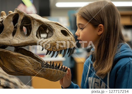 Child explores a tyrannosaurus rex skull at a...のイラスト素材 [127717254] - PIXTA