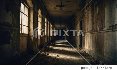Eerie abandoned corridor with peeling walls and...のイラスト素材 [127718761 ...