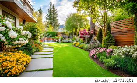Classic backyard with idyllic lawn and house at...のイラスト素材 [127719202 ...