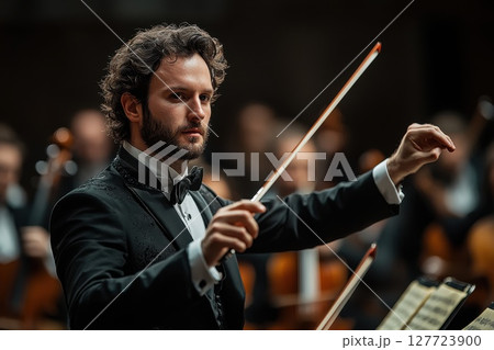 Conductor leads orchestra with precision during...のイラスト素材 [127723900 ...