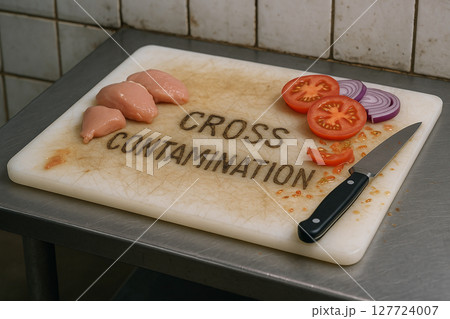 Cross Contamination hazard showing raw chicken...のイラスト素材 [127724007 ...