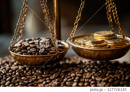 Coffee beans and gold coins on scales as a...のイラスト素材 [127726185] - PIXTA