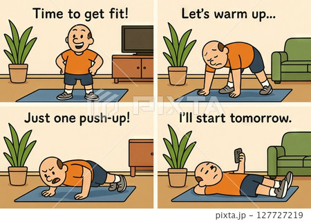 Comic man humorously struggling with workout...のイラスト素材 [127727219] - PIXTA