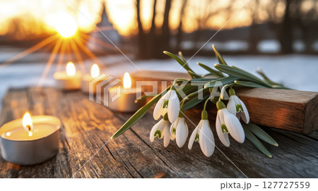 Snowdrops and candles create serene winter sceneのイラスト素材 [127727559] - PIXTA