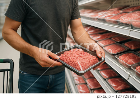 Man holding packaged meat in grocery store...のイラスト素材 [127728195] - PIXTA