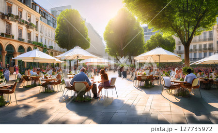 A lively outdoor cafe scene in a sunlit...のイラスト素材 [127735972] - PIXTA