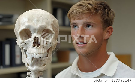Human Anatomy Student Studying a Skull Model...のイラスト素材 [127752147] - PIXTA