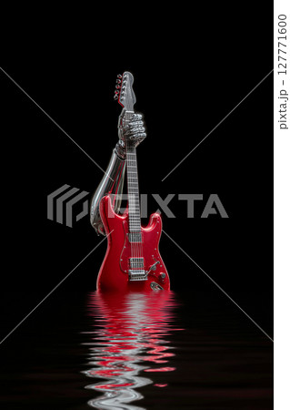 A red electric guitar is floating in a pool of...のイラスト素材 [127771600 ...