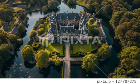 Aerial view of a historic castle, lush gardens,...のイラスト素材 [127787879 ...