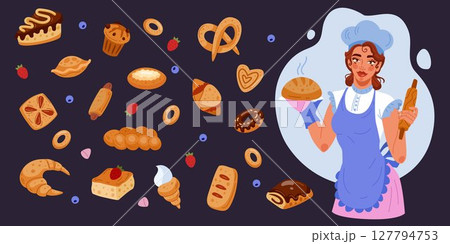 Bakery worker. Comic icon pie, cookie,...のイラスト素材 [127794753] - PIXTA