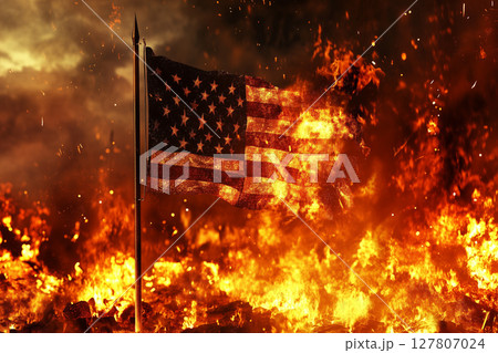 American Flag in Flames Against a Dark Horizon...のイラスト素材 [127807024 ...