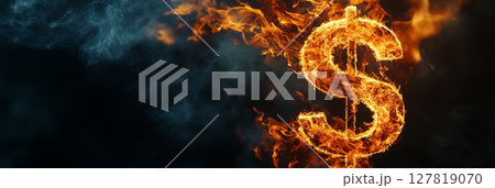 Fiery dollar sign burns intensely against a...のイラスト素材 [127819070] - PIXTA