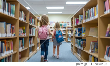 Two young students with backpacks stroll...のイラスト素材 [127830496] - PIXTA