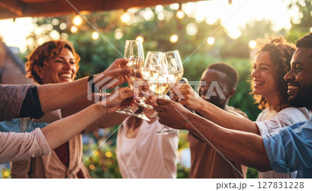 Cheers among friends at joyful outdoor...のイラスト素材 [127831228] - PIXTA