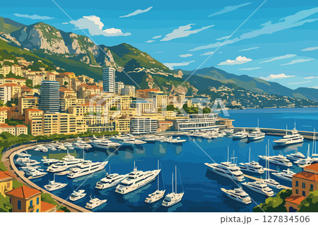 Monaco Daytime View with Harbor and Coastal...のイラスト素材 [127834506] - PIXTA