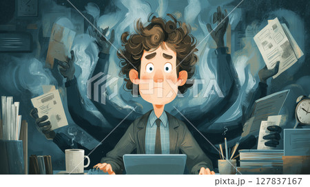 Overwhelmed assistant juggling tasks in a...のイラスト素材 [127837167] - PIXTA