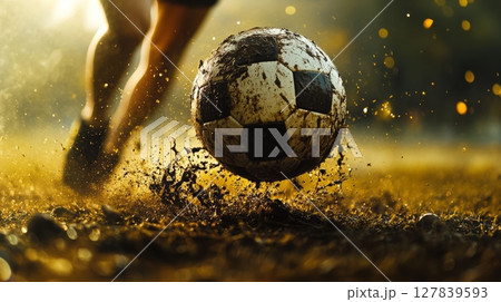 Soccer player energetically kicks a muddy ball...のイラスト素材 [127839593 ...
