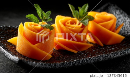 Orange Mango Roses Dessert Platter Garnish with...のイラスト素材 [127845616 ...