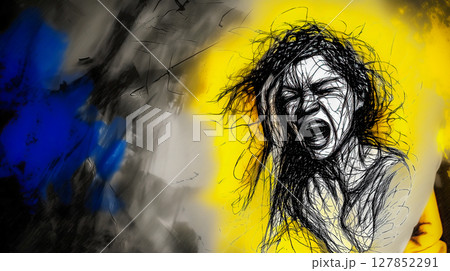 Woman screaming in pain, dark surreal drawing...のイラスト素材 [127852291] - PIXTA