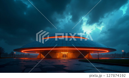 In a dramatic display, a futuristic dome-shaped...のイラスト素材 [127874192 ...