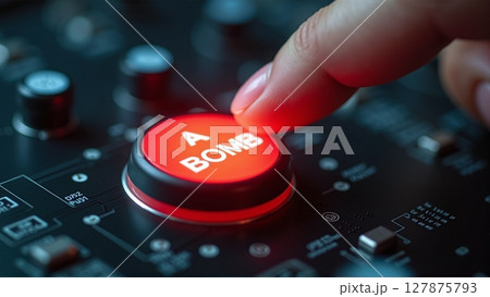 A tense finger hovers over a glowing red...のイラスト素材 [127875793] - PIXTA