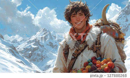 Amidst majestic snow capped mountains, cheerful...のイラスト素材 [127880268 ...