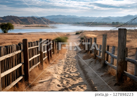 Sandy path leading to river through wooden...のイラスト素材 [127898223] - PIXTA