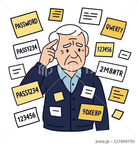 Confused elderly man surrounded by sticky notes...のイラスト素材 [127899750 ...