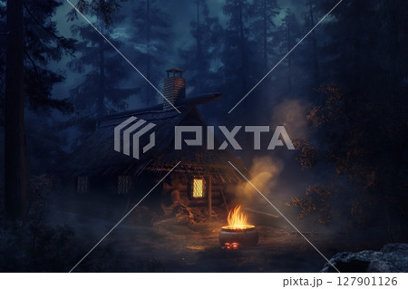 Cozy witch's hut glowing in a dark forest at...のイラスト素材 [127901126] - PIXTA