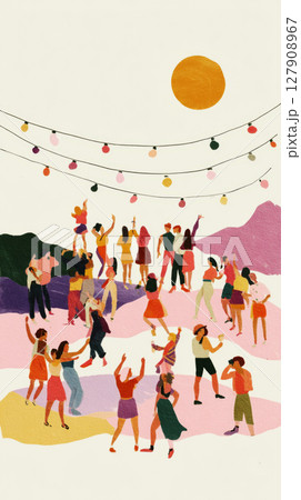Enthusiastic crowd dances together, illuminated...のイラスト素材 [127908967 ...