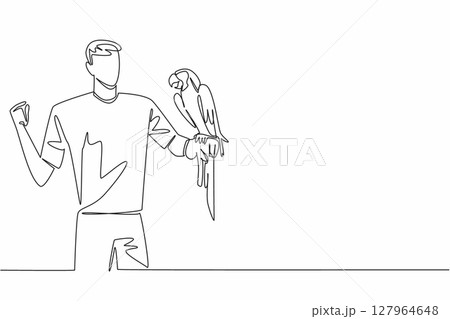 Single continuous line drawing blue gold macaw...のイラスト素材 [127964648 ...