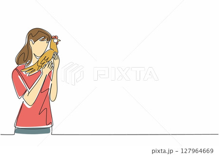Single one line drawing a woman hugging a hen....のイラスト素材 [127964669 ...