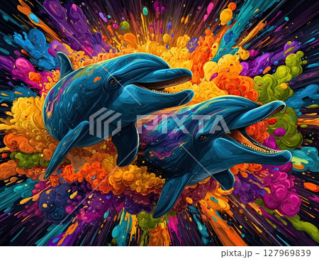 Two dolphins, psychedelic art, vibrant colors,...のイラスト素材 [127969839 ...
