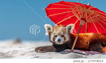 Red panda chilling on a sunny beach with an...のイラスト素材 [127978914] - PIXTA