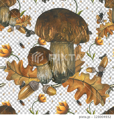 White mushrooms, autumn oak leaves and acorns....のイラスト素材 [128004932 ...