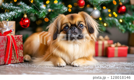 A Pekingese dog relaxes by a decorated...のイラスト素材 [128018146] - PIXTA