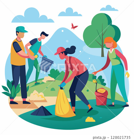 Volunteers cleaning up trash in the meadow....のイラスト素材 [128021735] - PIXTA