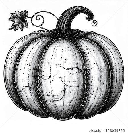 Grayscale Pumpkin Illustration with Leaf and Curlのイラスト素材 [128059756 ...