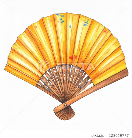 Yellow Hand Fan Watercolor Painting on White...のイラスト素材 [128059777] - PIXTA