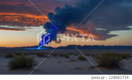 Blue smoke rising from fire in desert landscape...のイラスト素材 [128061724 ...