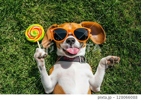 Cute Beagle Dog With Sweet Lollipop Lying On のイラスト素材 128066088 Pixta