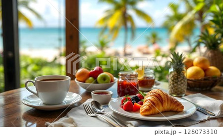 A beautiful beach breakfast scene, showcasing...のイラスト素材 [128073310] - PIXTA