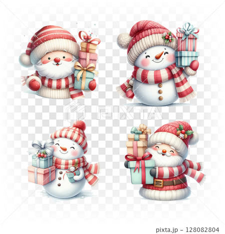 Set of Christmas watercolor elements of snowmen...のイラスト素材 [128082804 ...