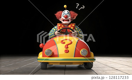 Confused clown sits behind wheel of colorful...のイラスト素材 [128117233] - PIXTA