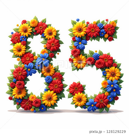 Vibrant flowers form the number 85 on a white...のイラスト素材 [128129229] - PIXTA